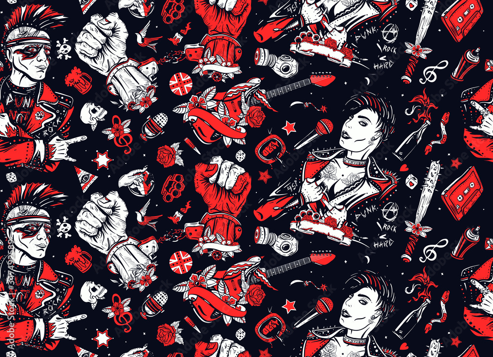 Punk music seamless pattern. Punker with mohawk hairstyle, rock woman ...