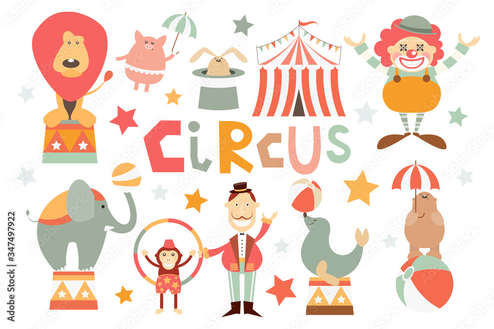 Funny Circus Set. Cute Circus Animals - Lion, Elephant, Bear, Monkey ...