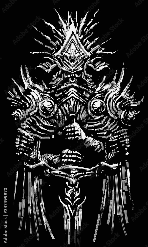 A sinister mystical knight with a skull-shaped helmet stands leaning on ...