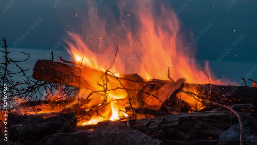 Cinemagraph of a campfire at twilight on the beach. Close up on the ...
