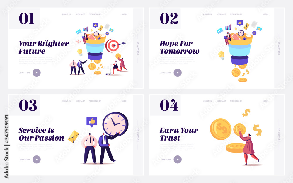 Vetor de Conversion Rate Optimization Landing Page Template Set. Tiny Characters Put Money into ...
