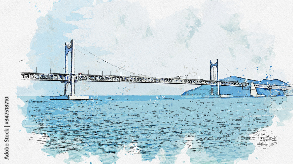 Watercolor drawing picture of Gwangan Bridge at Busan Korea. Stock ...
