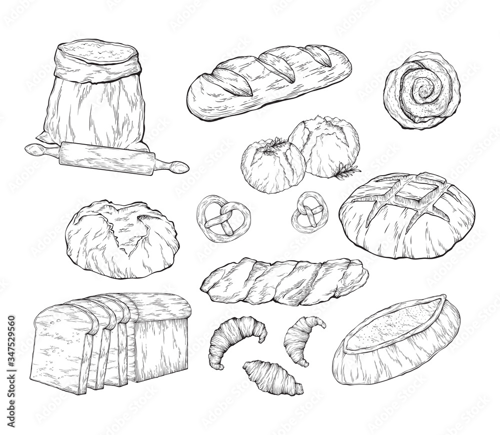 Bread set for bakery and pastry shop template.Fresh rye,whole grain and ...
