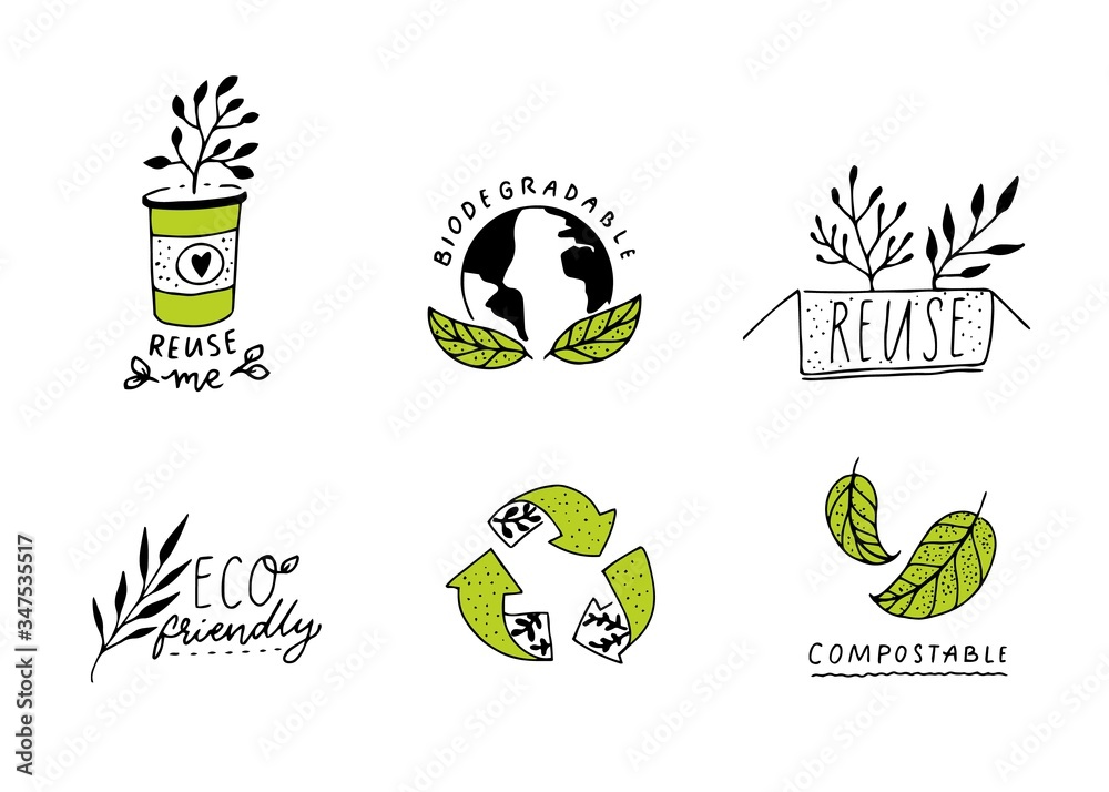 Biodegradable and compostable sign. Reduce, reuse and recycle concept ...