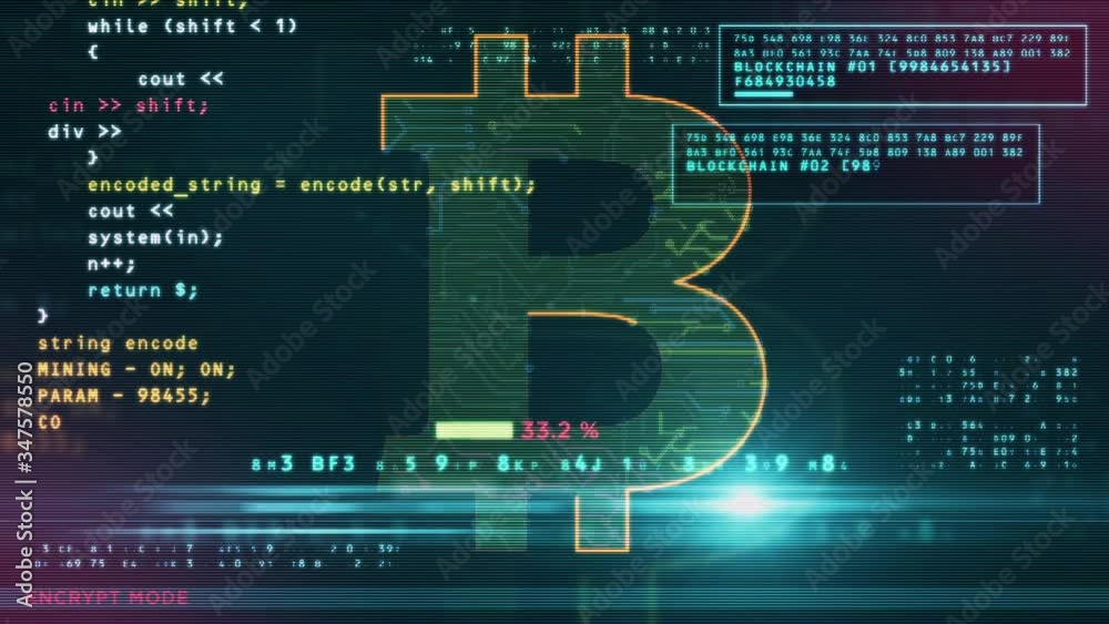 Bitcoin mining on computer screen background. Digital crypto currency ...