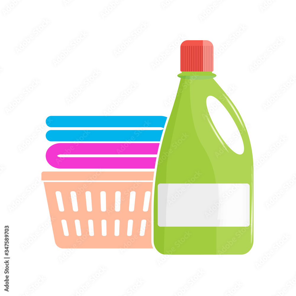 Laundry liquid vector icon. Detergent and a stack of laundry baske on ...