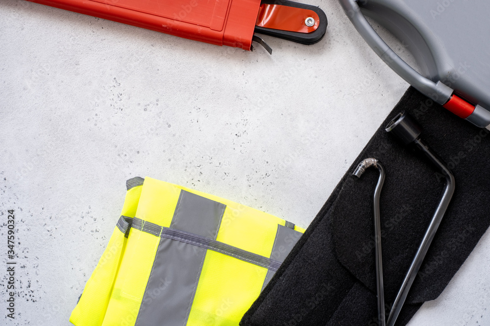 car emergency kit - warning triangle danger sign, first aid kit and ...