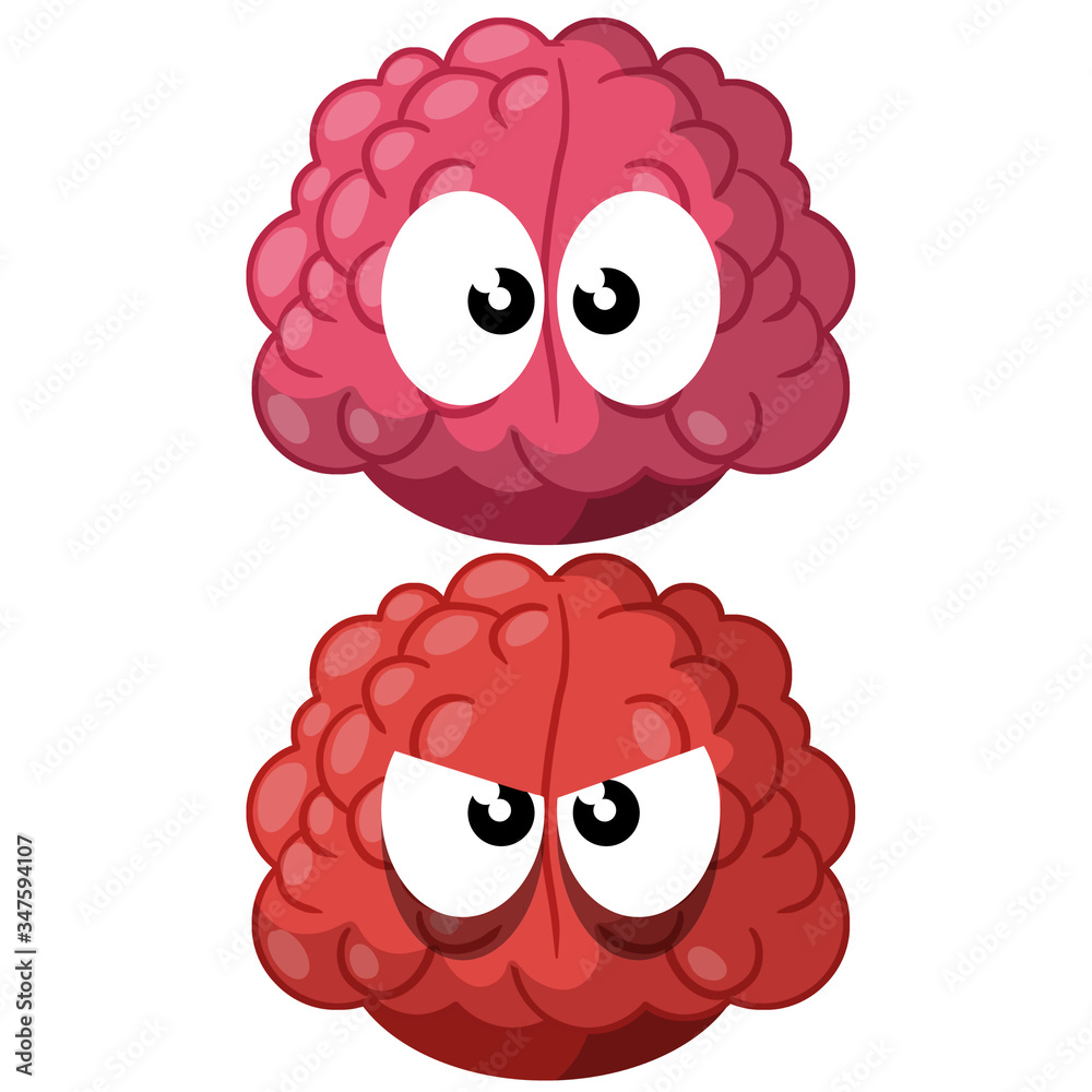 Funny brain with eyes. Cute and evil character. Thought and think. Pink ...