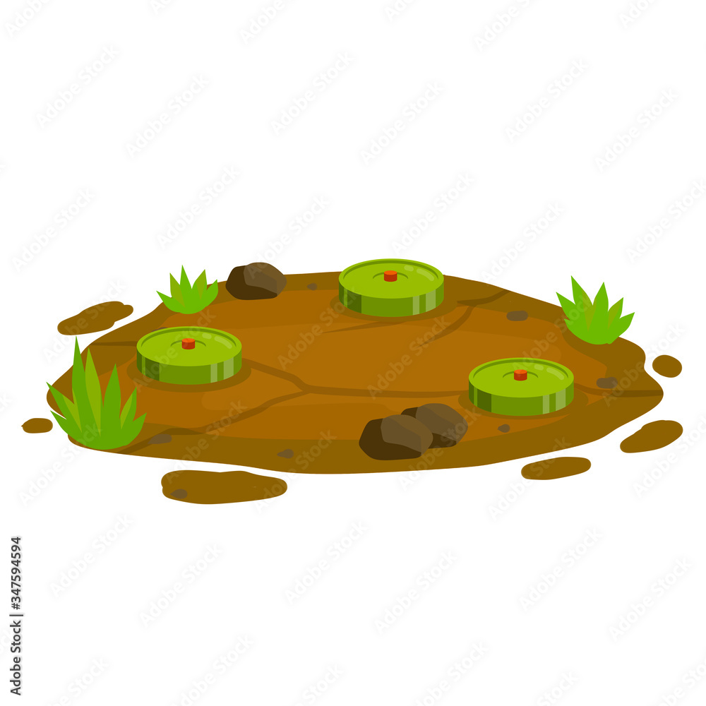 Minefield. Set of mines on ground. Rocks and grass. Explosive element ...
