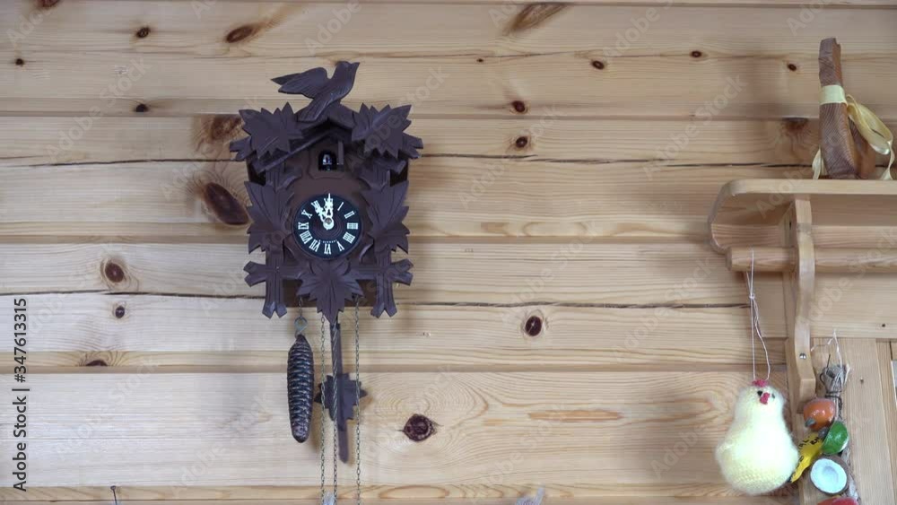 Traditional wood cuckoo clock with bird strikes sound 11 times at ...