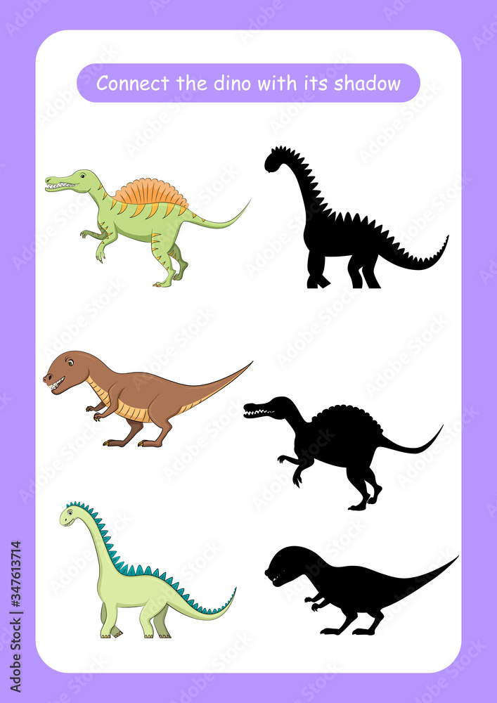 Worksheet connect the dinosaur with its shadow. Stock Vector | Adobe Stock