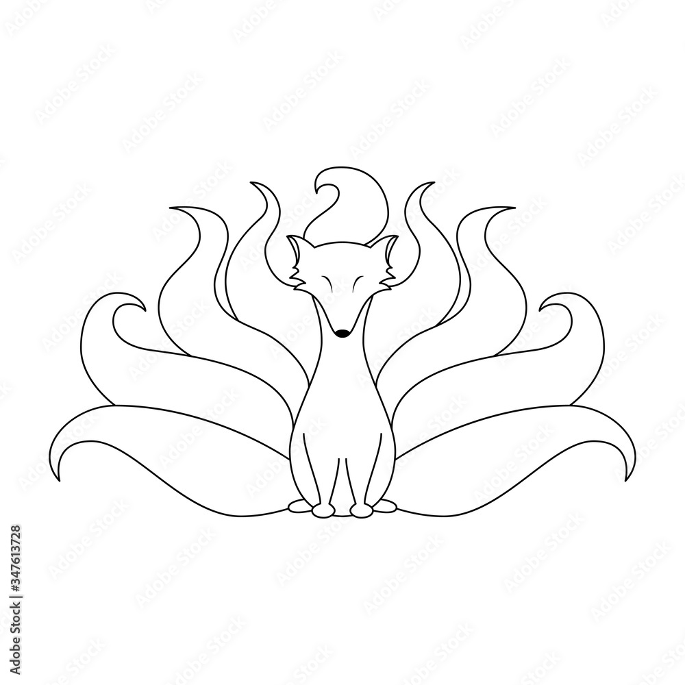 Vector illustration of kitsune nine tailed fox outline Stock Vector ...