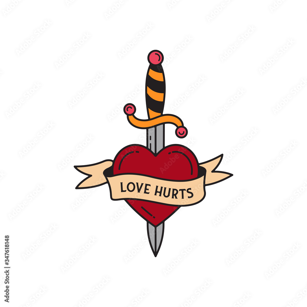 Dagger and heart tattoo with wording love hurts. Traditional tattoo ...