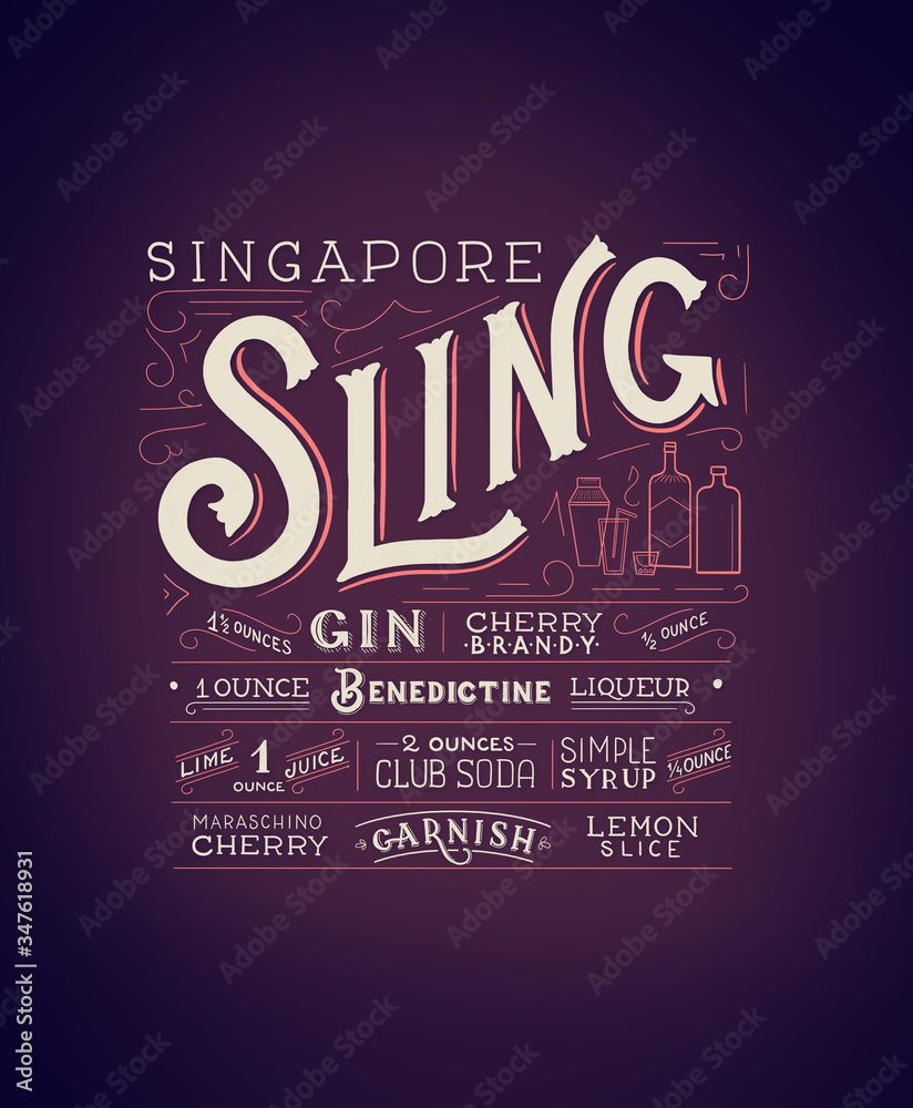 Lettering hand-drawn illustration - cocktail recipe 'Singapore sling ...