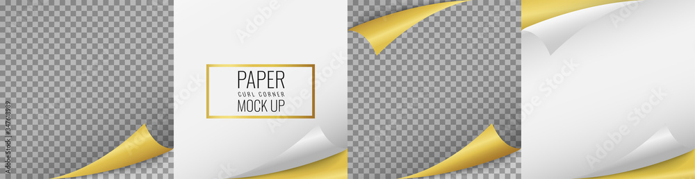 3d realistic white and transparent paper mock up with golden curl ...