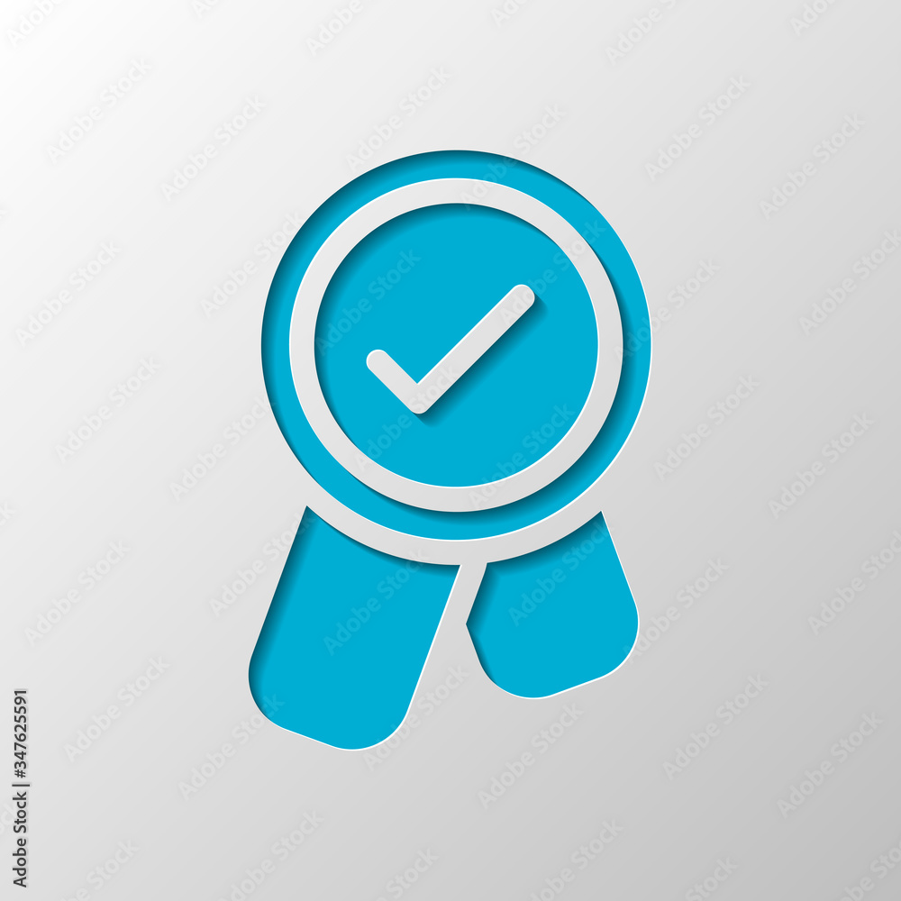 Award with ribbon and check mark, icon. Paper design. Cutted symbol ...