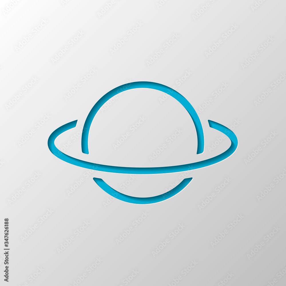 Planet with line of orbit, outline linear icon. Paper design. Cutted ...