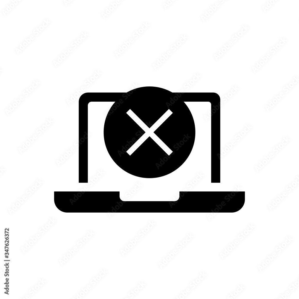 Laptop icon with cancel sign in black flat on white background ...