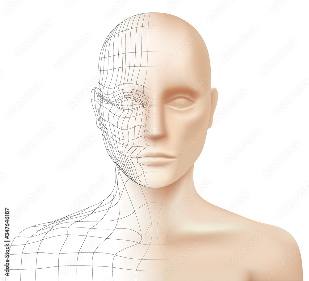 3D modeling vector background. Half transparent face of a Caucasian ...
