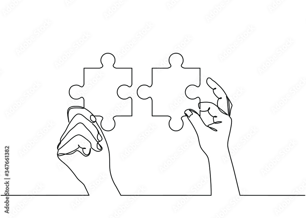 Continuous line drawing of hands solving Two Puzzle Pieces. Concept of ...