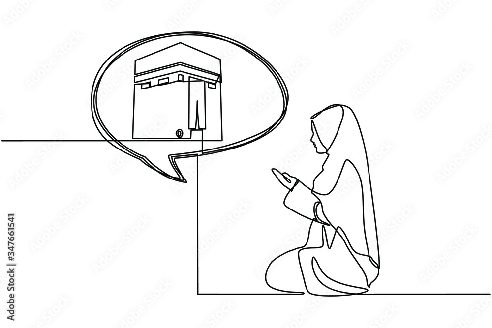 Continuous line drawing of Muslim woman praying for Allah facing the ...