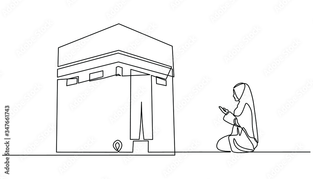 Continuous line drawing of Muslim woman praying for Allah facing the ...