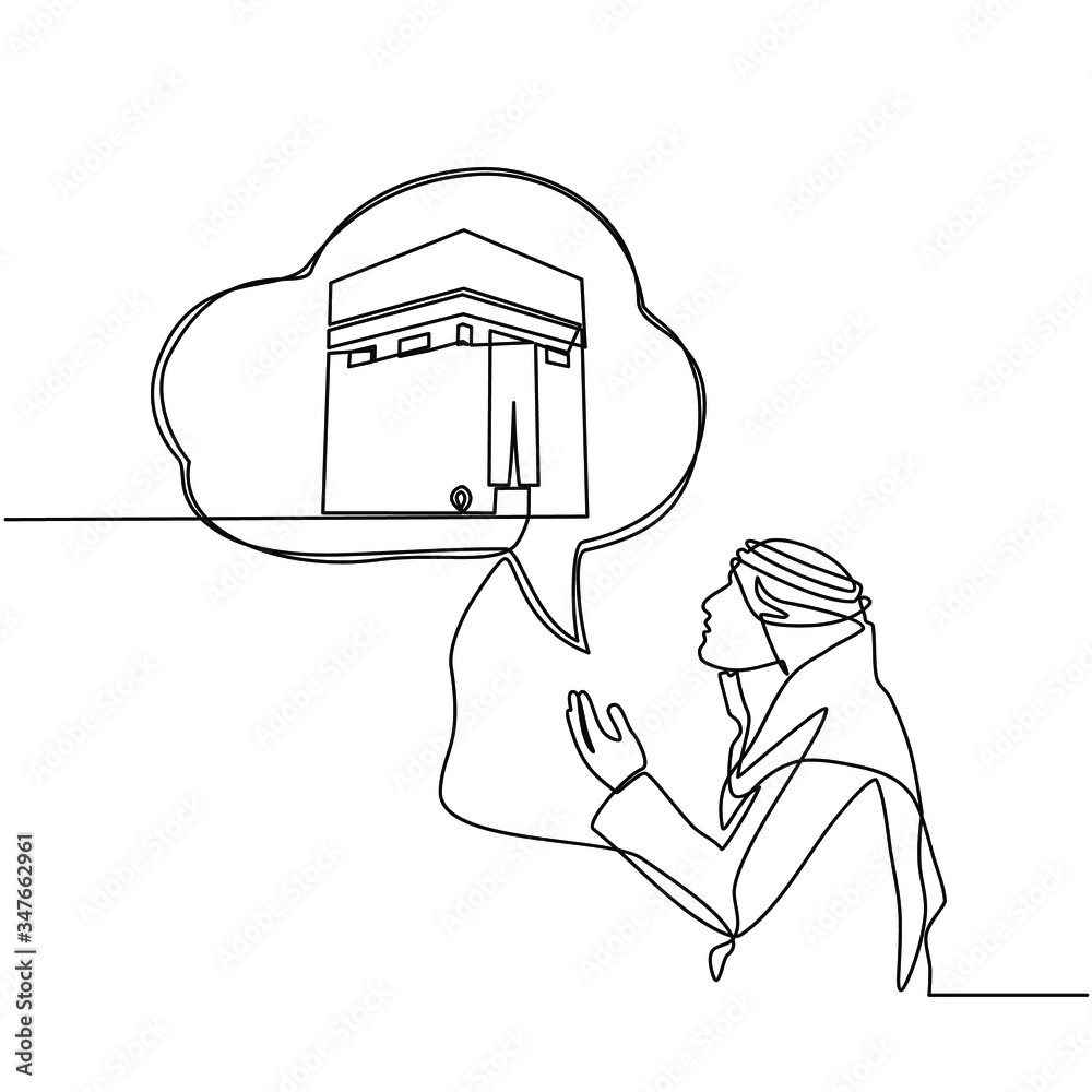 A continuous line drawing of a man facing the Ka'aba raised his hand in ...