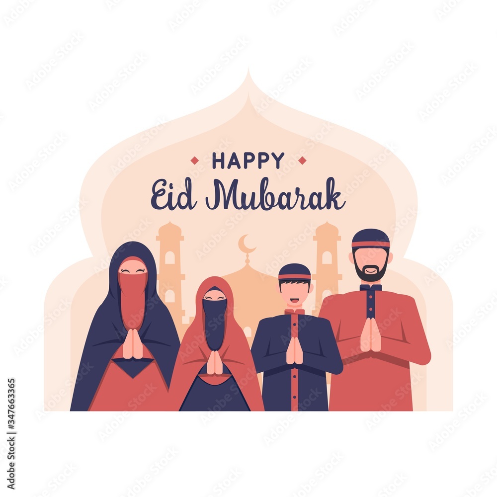 Eid mubarak background with muslim family members showing greeting ...