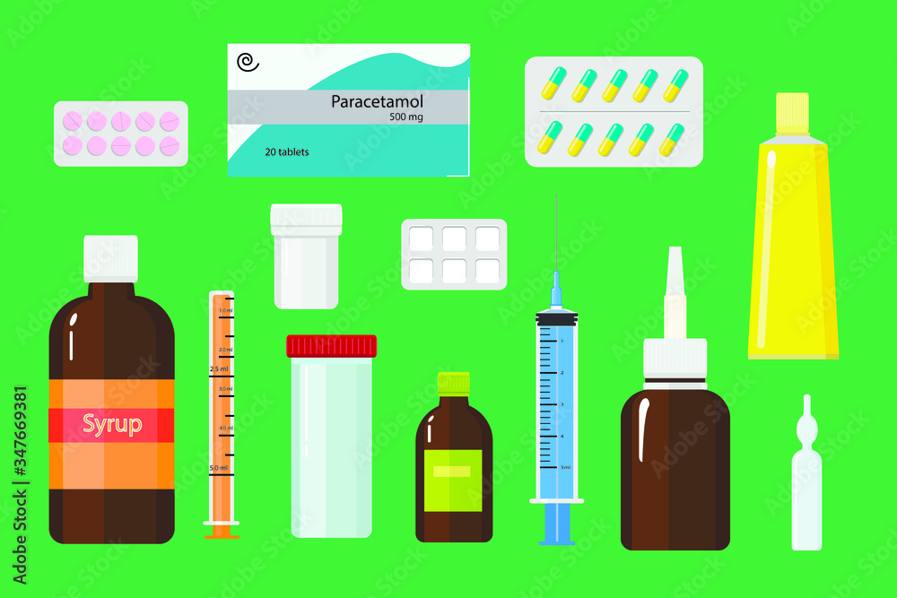 Pharmacy, medicine, hospital set of drugs with labels. Medication ...