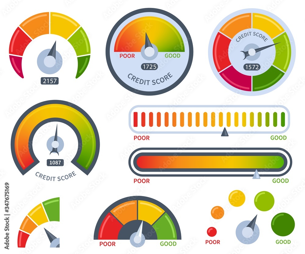 Credit score. Bad or good meter vector illustration with scale and rate ... Credit score. Bad or good meter vector illustration with scale and rate ...