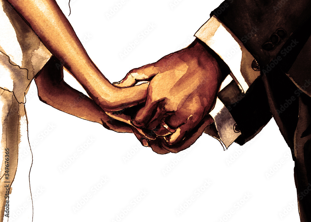 Hand-drawn watercolor illustration. Husband and wife hold hands ...