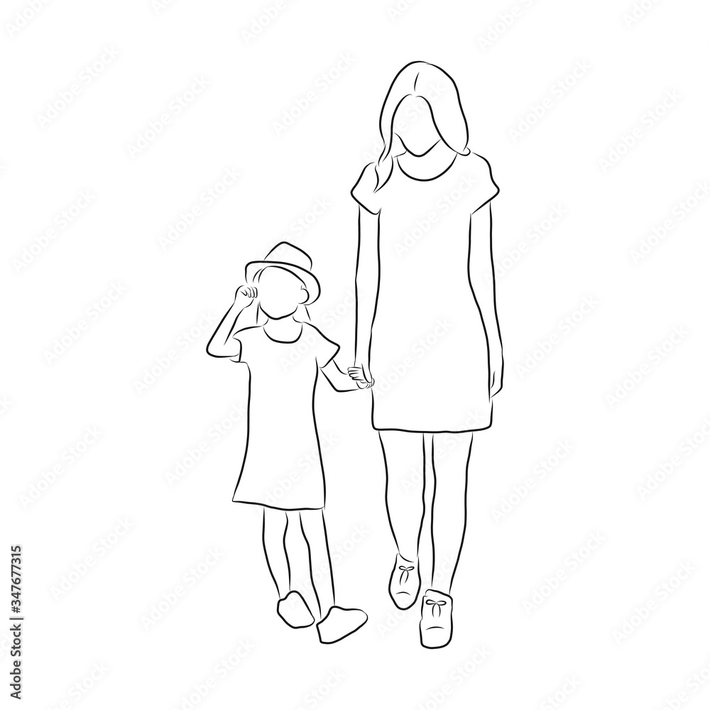 Vetor de line drawing of mother walks with her child do Stock | Adobe Stock