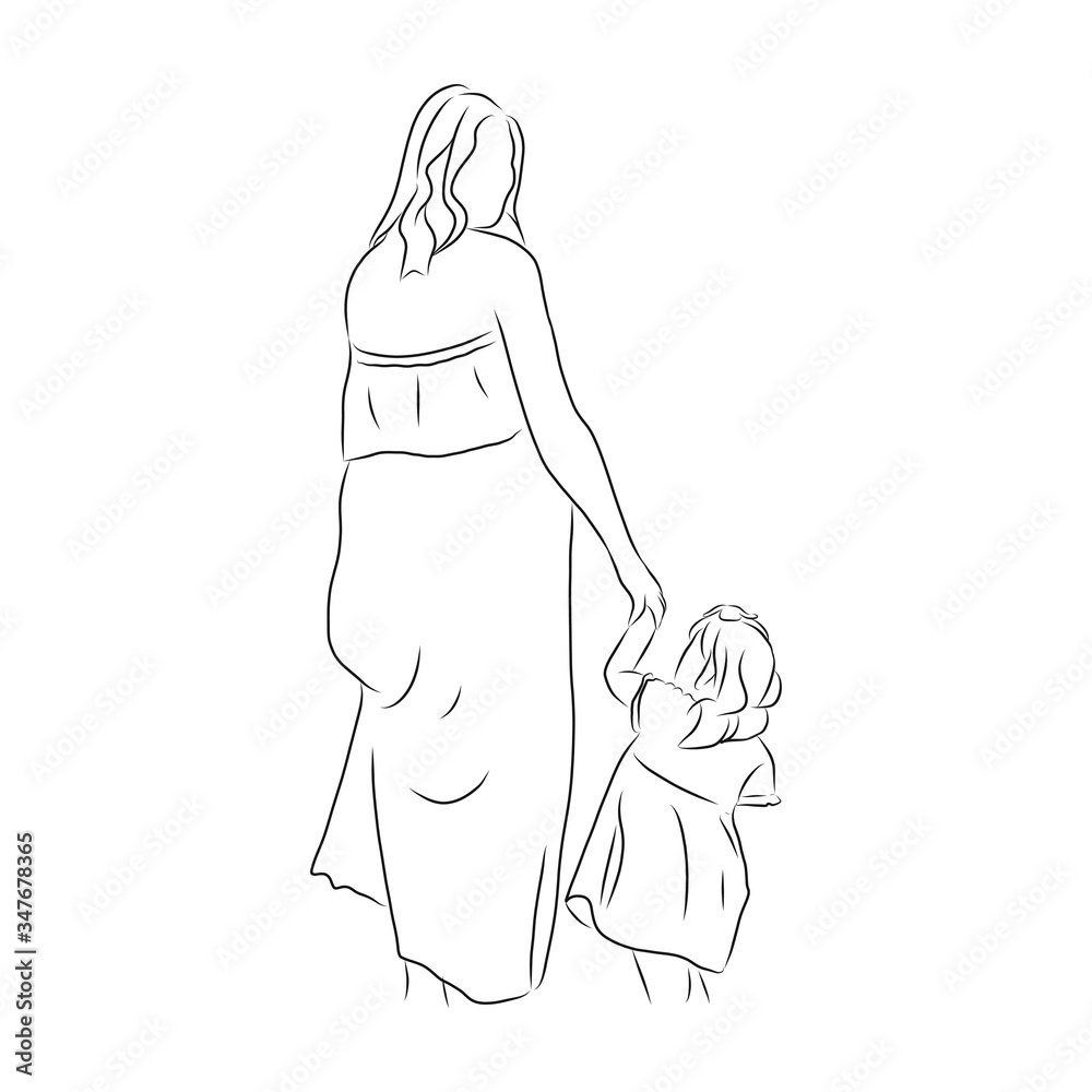 line drawing of mother walks with children Stock Vector | Adobe Stock