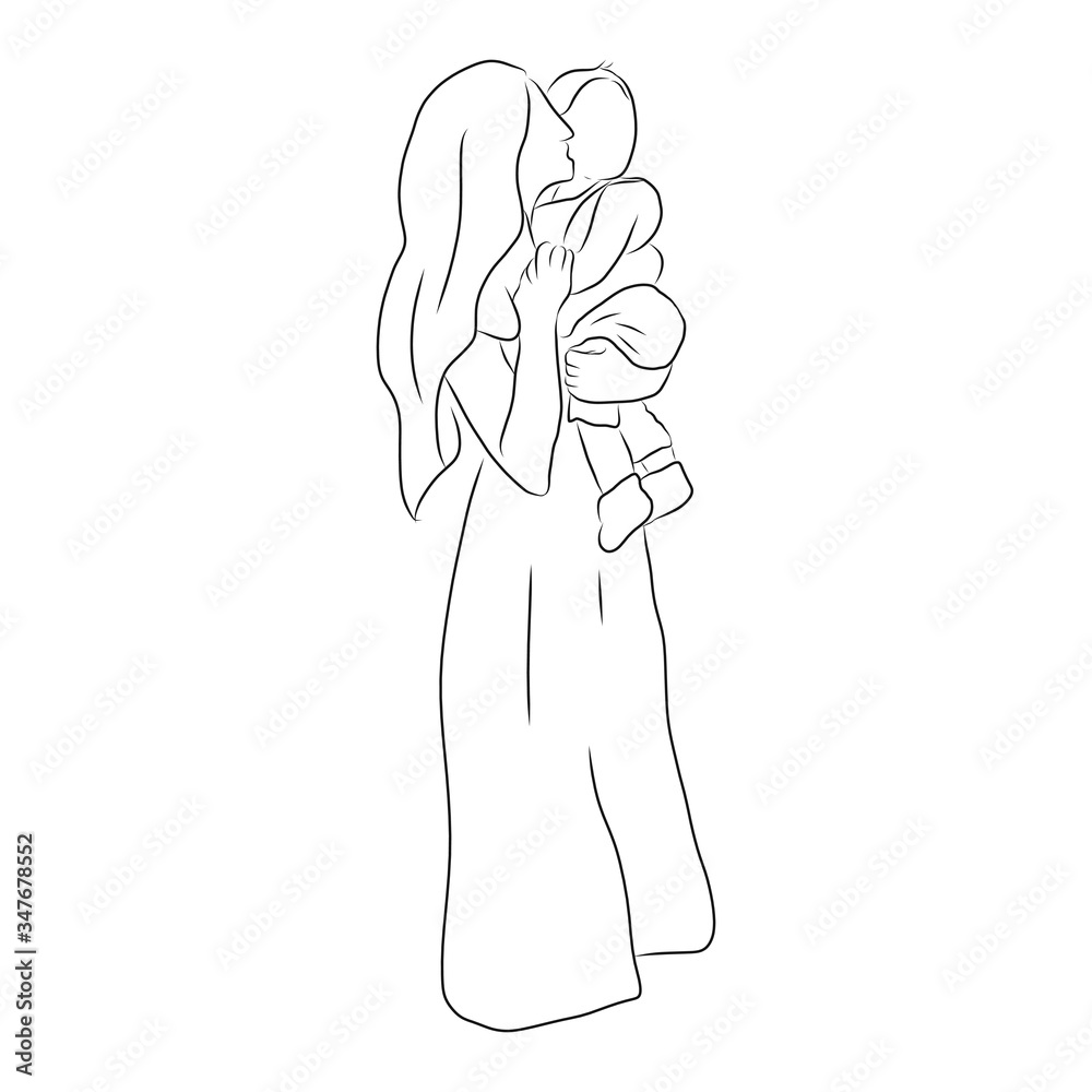 line drawing of mother is carrying and hugging her child Stock Vector ...