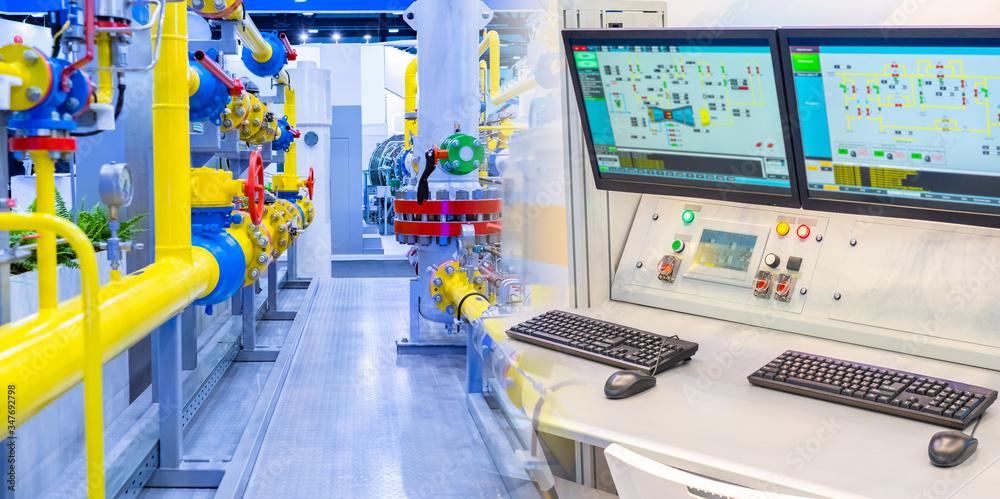 Complex gas distribution station equipment. Yellow pipes and control ...