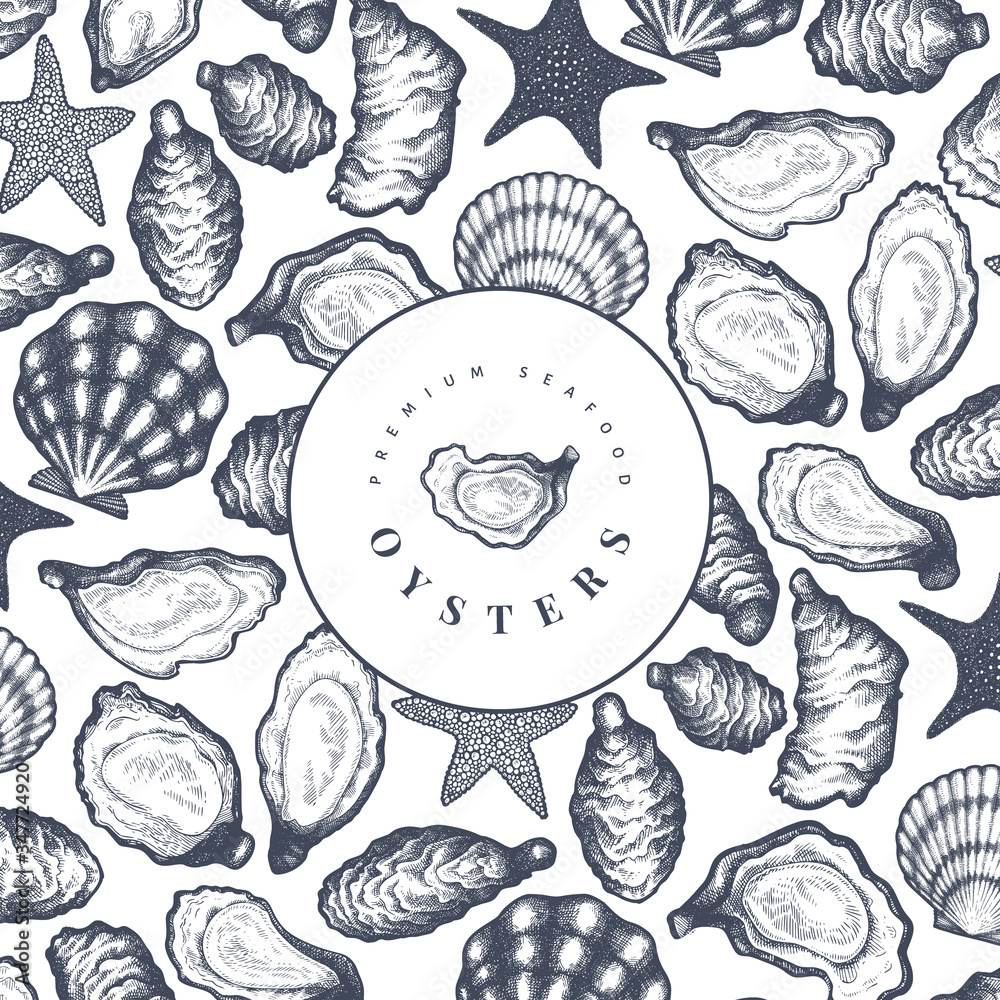 Vetor de Oysters design template. Hand drawn vector illustration ...