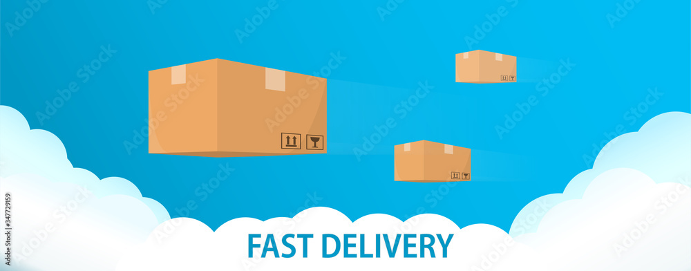 Fast delivery concept. Boxes are flying at high speed in the sky. Ultra ...
