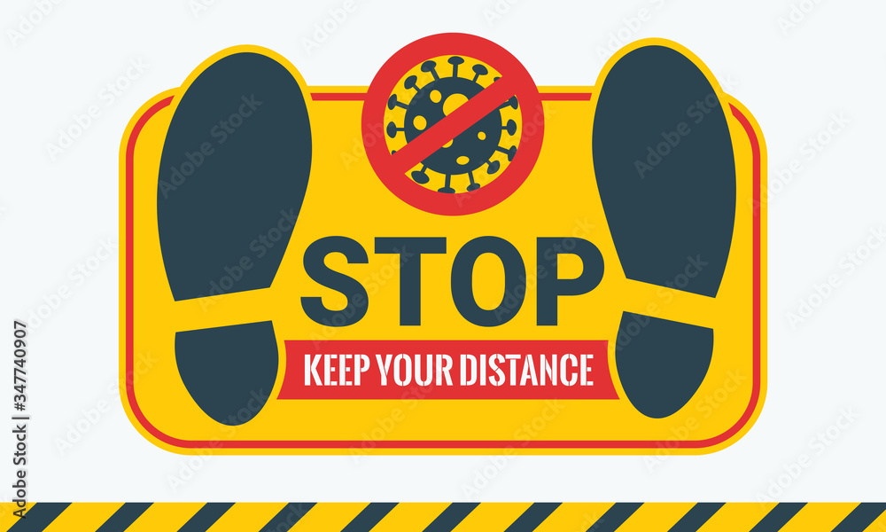 STOP. Keep your distance sticker yellow floor marking shoe prints ...