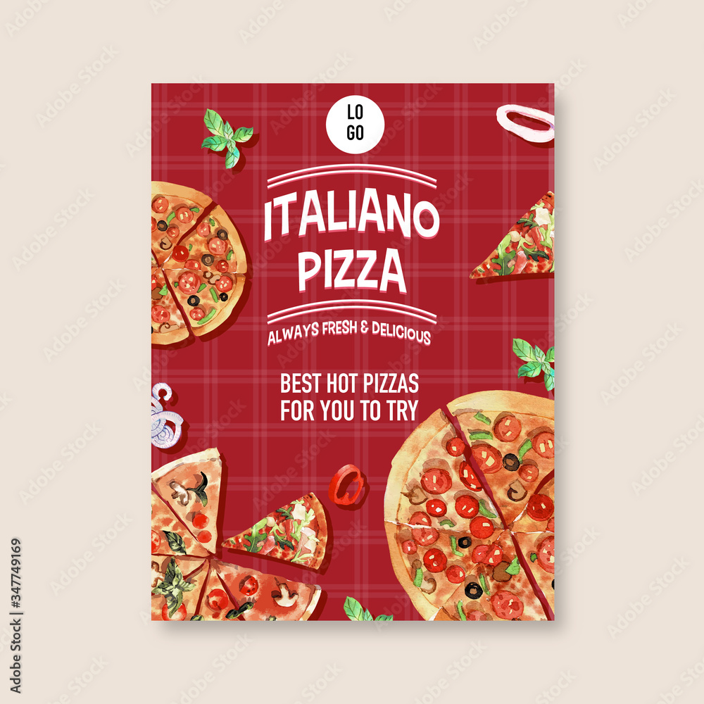 Pizza poster design with various pizza watercolor illustration.. Stock ...