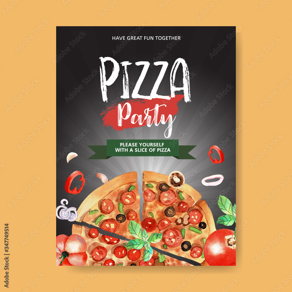 Pizza poster design with pizza, tomato watercolor illustration.. Stock ...