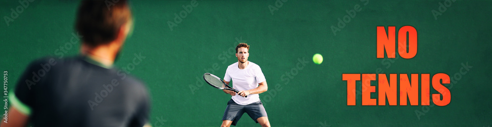 Tennis players playing on court with sign NOT ALLOWED banner panoramic ...