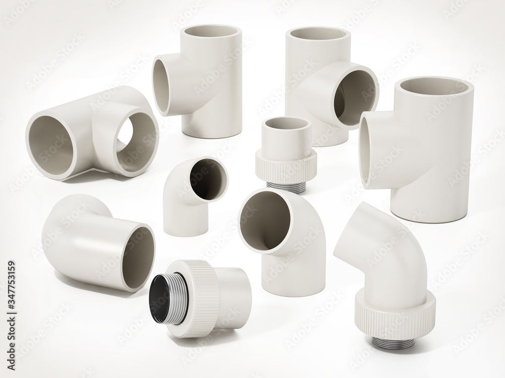 Group of various sized PVC connection parts isolated on white ...