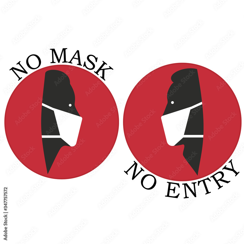 No mask no entry! The wear face mask. Warning red sign with silhouettes ...
