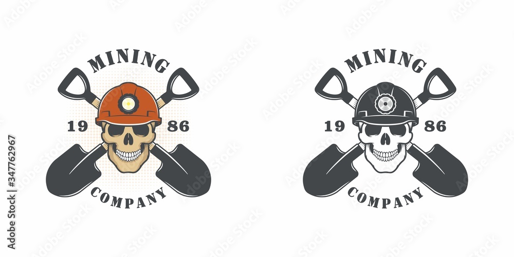 Set of color illustrations skull miner in a helmet and crossed shovels ...