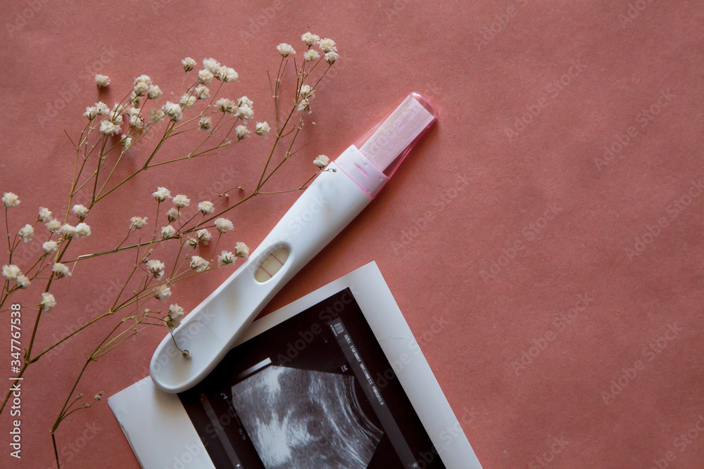 Ultrasound scan of an unborn baby of fifth week with a pregnancy test ...