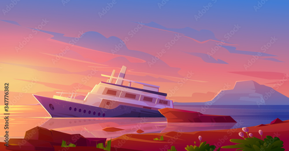 Sunken cruise ship in ocean harbor at sunset. Vector cartoon ...