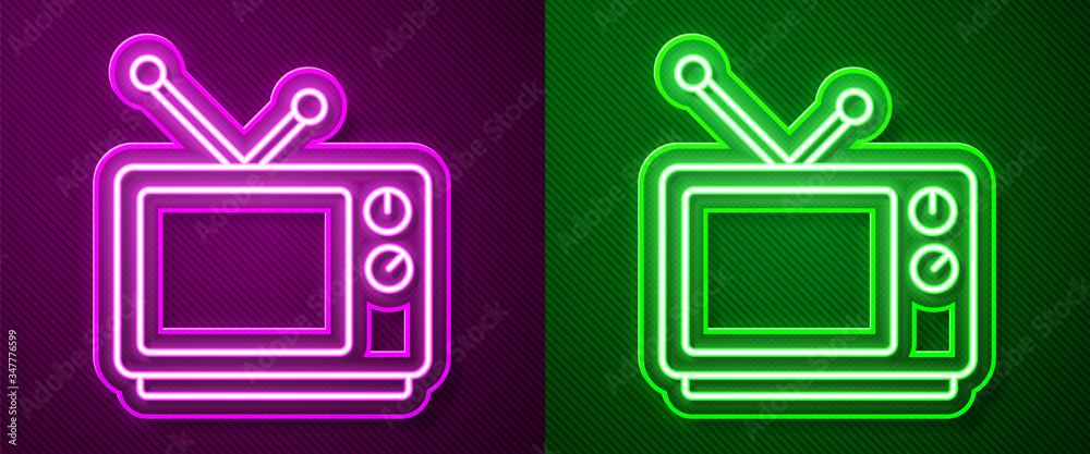 Glowing neon line Retro tv icon isolated on purple and green background ...