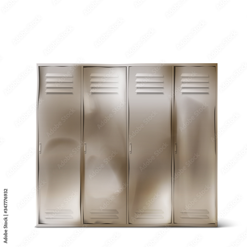 Old steel lockers with dents in school corridor or changing room in gym ...