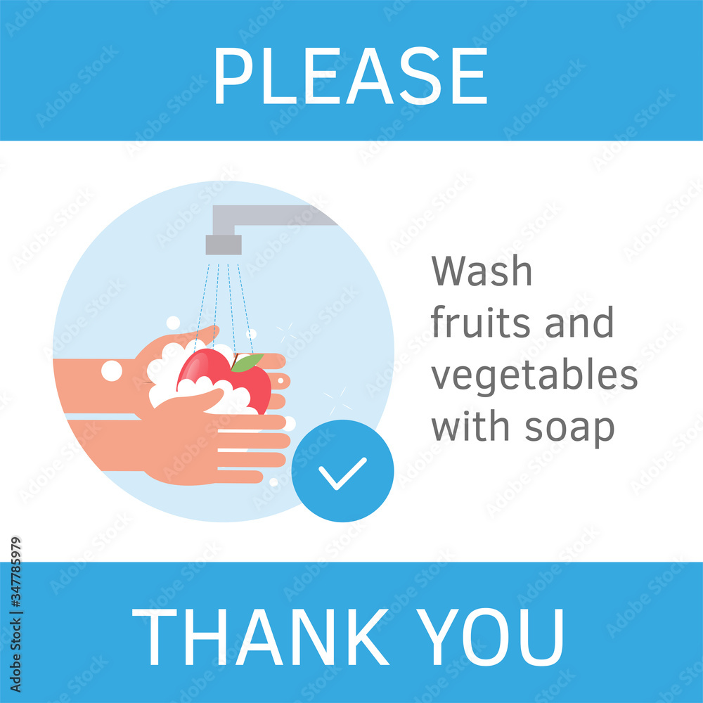 Wash fruits and vegetables. Hands holding apple under water tap. Arm in ...