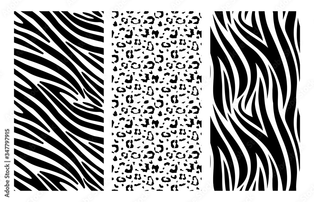 Animal print set. Leopard, zebra skin pattern. Black dots and stripes ...